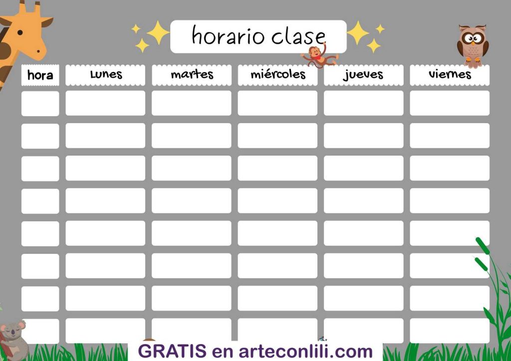 Descargar Horarios de clases animales bonitos para imprimir
