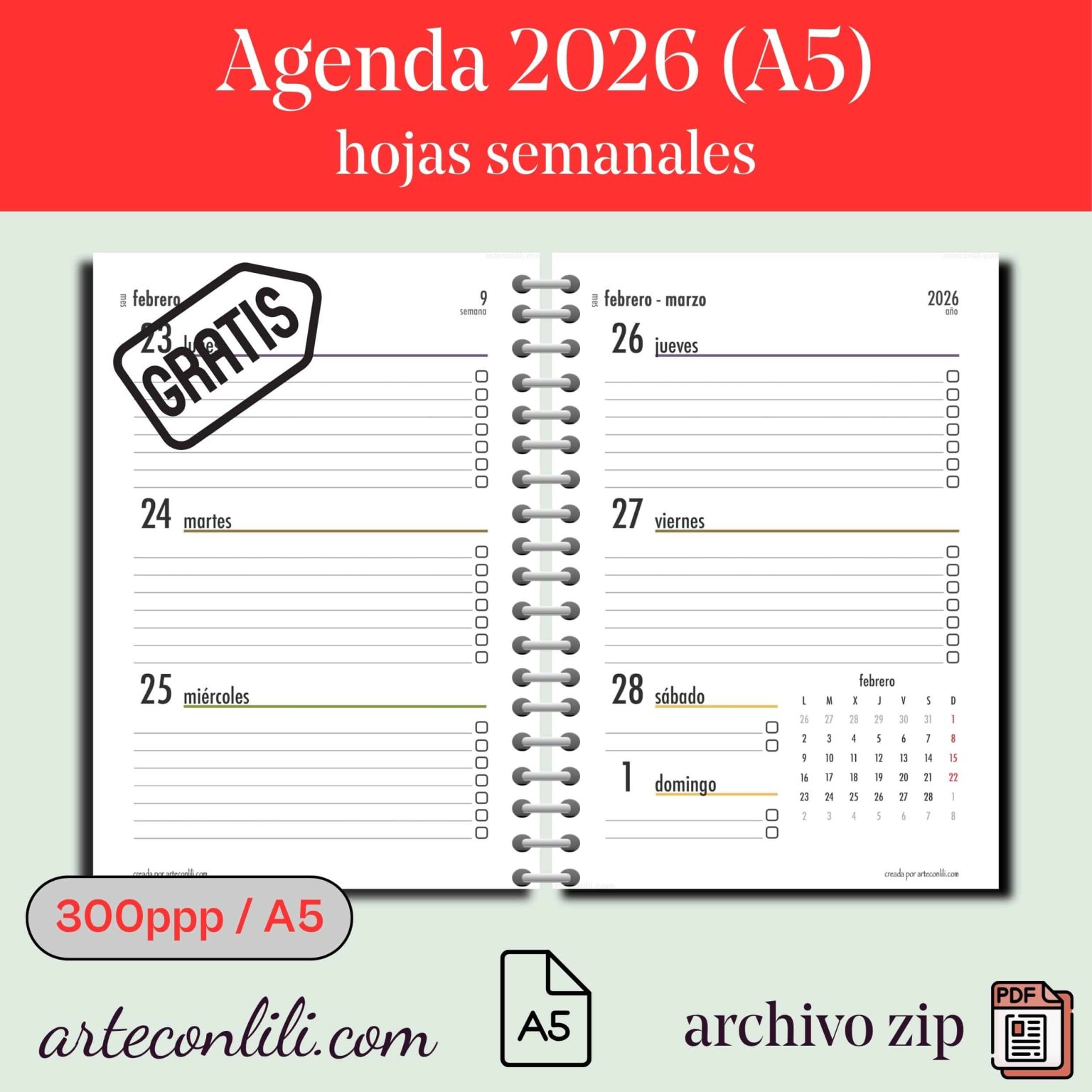 Agenda 2026 PDF gratis – Modelo Calendar minimalista en A5 semana vista
