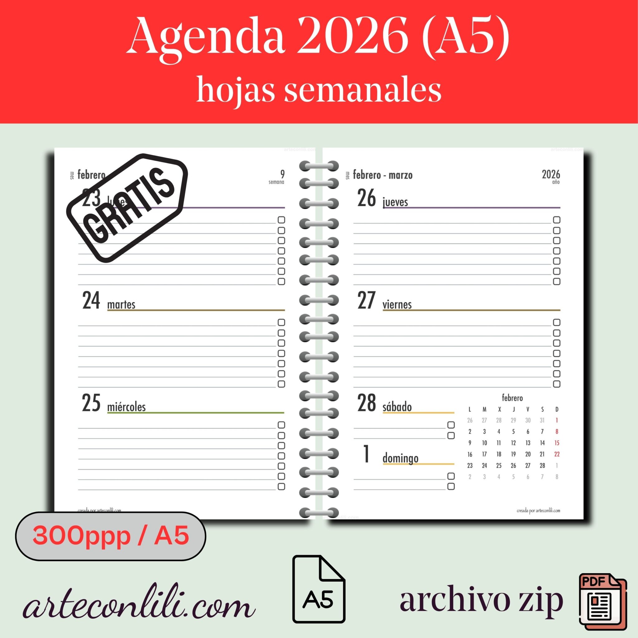 Agenda 2026 PDF gratis para imprimir (A5 vertical) – Semana vista ...