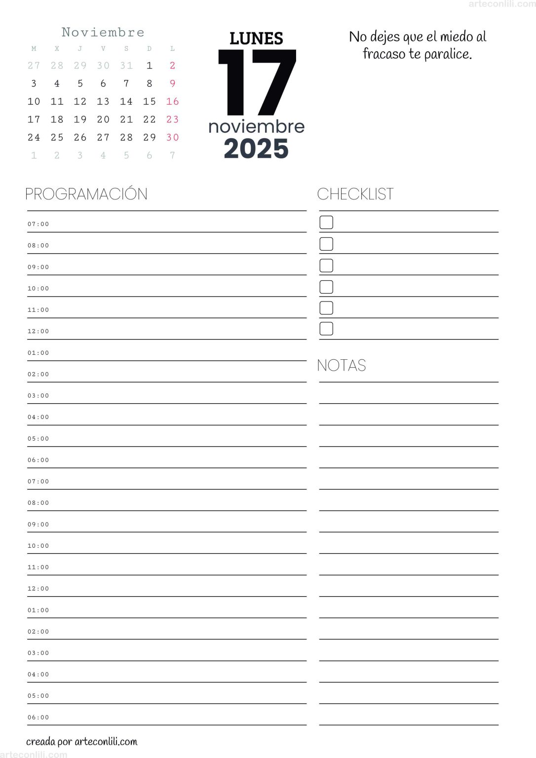 Agenda 2025 diaria para imprimir PDF Gratis - arteconlili.com