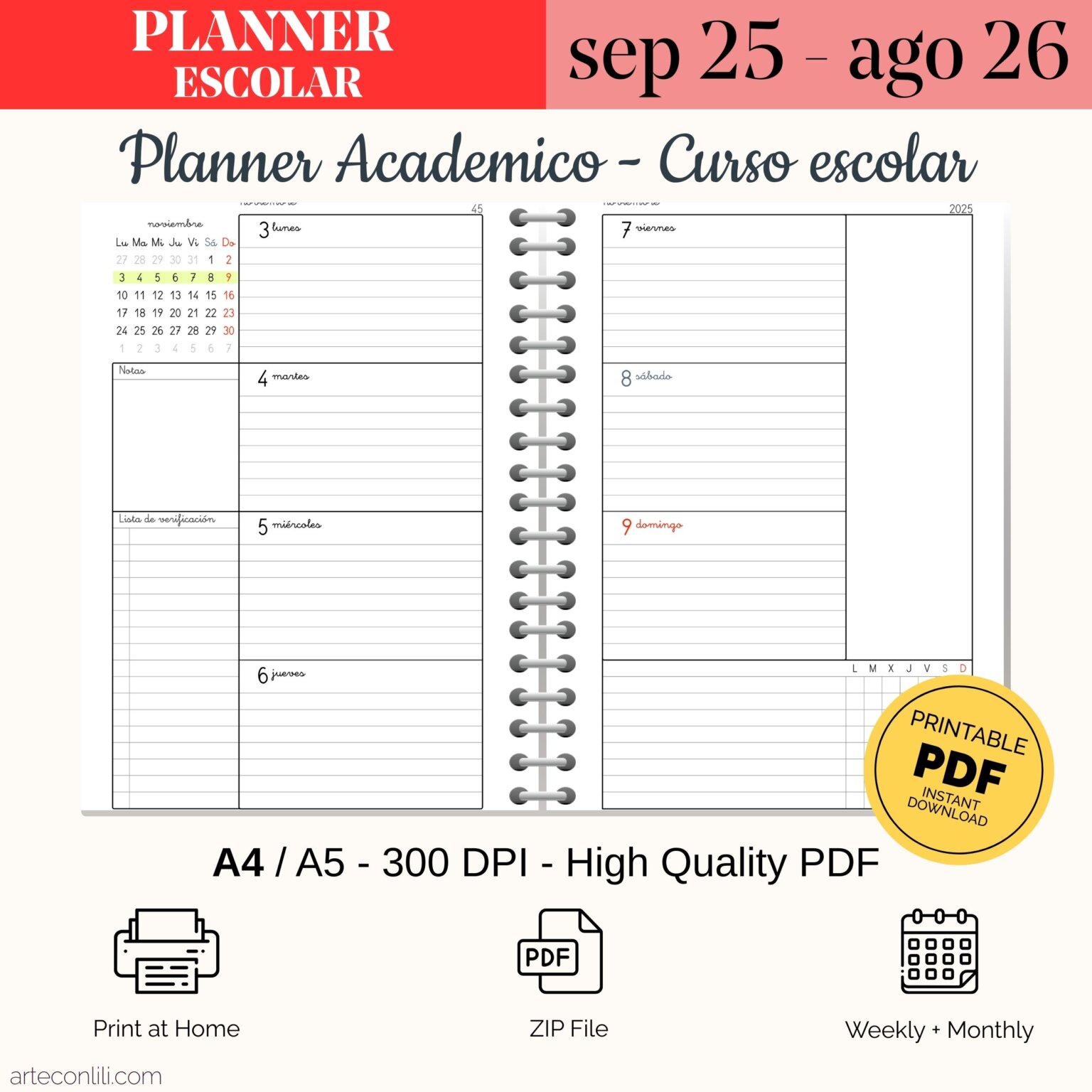 Descargar Agenda Escolar 2025-2026 imprimible Interior PDF A4/A5 ...