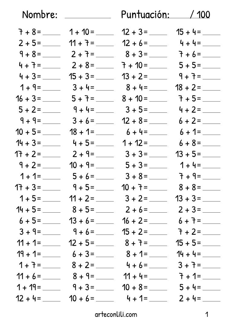 Descargar 100 Sumas Imprimibles para Niños Matemáticas PDF Gratis
